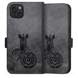 DeinDesign iPhone 15 Plus Handy Klapph&uuml;lle Handyh&uuml;lle aus Kunst Leder schwarz Flip Case Official Licensed Product Msv Duisburg Zebra Sideflip mit Lasche