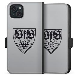 DeinDesign iPhone 15 Plus Handy Klapph&uuml;lle Handyh&uuml;lle aus Kunst Leder schwarz Flip Case Logo Official Licensed Product Vfb Stuttgart Sideflip mit Lasche