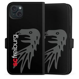 DeinDesign iPhone 15 Plus Handy Klapph&uuml;lle Handyh&uuml;lle aus Kunst Leder schwarz Flip Case Logo Sc Freiburg Official Licensed Product Sideflip mit Lasche