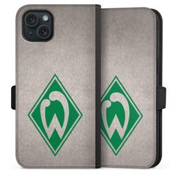 DeinDesign iPhone 15 Plus Handy Klapph&uuml;lle Handyh&uuml;lle aus Kunst Leder schwarz Flip Case Concrete Official Licensed Product Sv Werder Bremen Sideflip mit Lasche