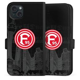 DeinDesign iPhone 15 Plus Handy Klapph&uuml;lle Handyh&uuml;lle aus Kunst Leder schwarz Flip Case Official Licensed Product Logo Fortuna D&uuml;sseldorf Sideflip mit Lasche