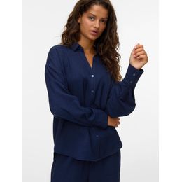 V&eacute;ro Moda Langarmbluse VERO MODA "VMMELANEY QUEENY LS SHIRT WVN NOOS", Damen, Gr. L, blau (navy blazer), Web, Obermaterial: 100% Polyester, unifarben, loose fit Po-bedeckend, V-Ausschnitt, Blusen Langarmbluse, Kunstfaser, loose fit