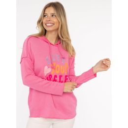 Hoodie Zwillingsherz "Love Yourself", Damen, Gr. S/M, pink, Web, Obermaterial: 70% Baumwolle, 30% Polyester, bedruckt, unifarben, h&uuml;ftbedeckend, ohne Ausschnitt, Sweatshirts Hoodie, Kapuze, Flockprint, Langarm, Kordelzug