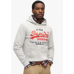 Kapuzensweatshirt Superdry "DUO VINTAGE LOGO HOODIE", Herren, Gr. L, grau (glacier grau marl), angeraute Sweatware, Obermaterial: 60% Baumwolle, 40% Polyester, bedruckt, meliert, relaxed fit, Rundhals, Rippb&uuml;ndchen, Sweatshirts Kapuzensweatshirt