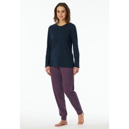 Schlafanzug uncover by Schiesser "Uncover Nightwear", Damen, Gr. 50, 804, blau, Single Jersey, Obermaterial: 100% Baumwolle, bequem lang, V-Ausschnitt, Homewear-Sets Schlafanzug, Baumwolle, Singel Jersey-Qualit&auml;t, lang&auml;rmelig, atmungsaktiv, bequem