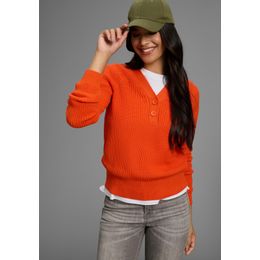 V-Ausschnitt-Pullover Kangaroos, Damen, Gr. 44/46, orange, Strick, Obermaterial: 50% Baumwolle, 50% Polyacryl, unifarben, weit h&uuml;ftlang, V-Ausschnitt, Raglan&auml;rmel Rippb&uuml;ndchen, Pullover V-Ausschnitt-Pullover, mit V-Ausschnitt