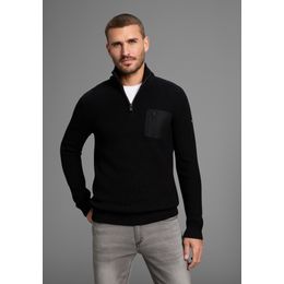 Troyer Bruno Banani, Herren, Gr. XXL (60/62), schwarz, Strick, Obermaterial: 50% Baumwolle, 50% Polyacryl, unifarben, slim fit, B&uuml;ndchen, Pullover Troyer, mit Brusttasche