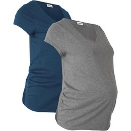Umstandsshirt bonprix, Damen, Gr. 40/42 (M), blau (dunkelblau, grau meliert), Obermaterial: 95% Baumwolle, 5% Elasthan, unifarben, figurumspielend, V-Ausschnitt, Shirts Umstandsshirt, figurumspielende Passform, kurze &Auml;rmel, mit seitlichen Raffungen