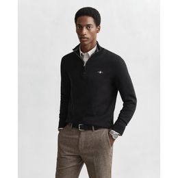 Troyer Gant "CLASSIC COTTON HALF ZIP", Herren, Gr. M, schwarz, Strick, Obermaterial: 100% Baumwolle, Rippb&uuml;ndchen, Pullover Troyer, mit gerippten Details
