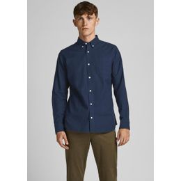 Jack & Jones Langarmhemd JACK & JONES "BROOK OXFORD", Herren, Gr. XXL, N-Gr, blau (navy), Web, Obermaterial: 96% Baumwolle, 4% Elasthan, gemustert, slim fit, 1-Knopf-Manschette, Hemden Langarmhemd, mit Button-Down Kragen