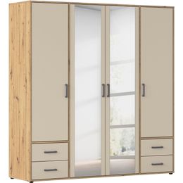 Dreht&uuml;renschrank Rauch "Kleiderschrank Schrank Garderobe W&auml;scheschrank VOYAGER", beige (champagner), eiche artisan, B:187cm H:194cm T:53cm, Holzwerkstoff, Schr&auml;nke, Dreht&uuml;renschrank, mit modernen Griffen in Graumetallic, inkl. Schubk&auml;sten und Spiegel