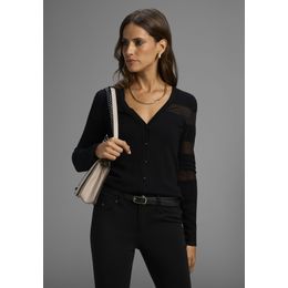 Strickjacke Melrose, Damen, Gr. 34, schwarz, Feinstrick, Obermaterial: 75% Viskose, 25% Polyamid, Mesh, gestreift, leicht durchscheinend, tailliert h&uuml;ftbedeckend, tiefer V-Ausschnitt, Strickjacken Strickjacke, mit transparenten Streifen und Knopfleiste, Topseller