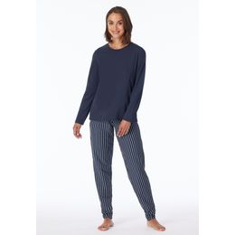 Schlafanzug uncover by Schiesser "Uncover Nightwear", Damen, Gr. 44, blau (835, blau), Single Jersey, Obermaterial: 100% Baumwolle, bequem lang, Rundhals, Homewear-Sets Schlafanzug, mit Rundhalsausschnitt, Langarm, Single Jersey-Qualit&auml;t