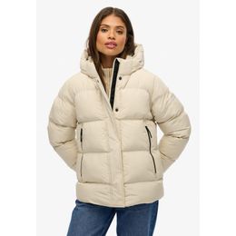 Steppjacke Superdry "HOODED 5 BAFFLE SPORTS PUFFER", Damen, Gr. M, oat bran, Web, Obermaterial: 100% Polyester, unifarben, relaxed fit, Jacken Steppjacke