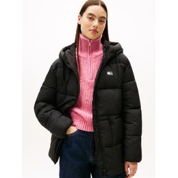 Steppjacke Tommy Jeans "TJW HOODED MIDI PUFFER JACKET", Damen, Gr. XS (34), schwarz, Web, Obermaterial: 100% Nylon, unifarben, regular fit wadenlang, Jacken Steppjacke