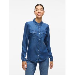 Jeansbluse Vila "VIBISTA", Damen, Gr. XS, blau (dunkelblau denim), Web, Obermaterial: 70% Lyocell, 30% Baumwolle, schmal h&uuml;ftbedeckend, 1-Knopf-Manschette mit Druckknopf, Blusen Jeansbluse, in leichter Used-Waschung