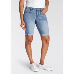 H.I.S. Jeansshorts H.I.S "duffyHS", Damen, Gr. 28, L&auml;nge 32, blau (lt bl used), Denim/Jeans, Obermaterial: 73% Baumwolle, 25% Polyester, 2% Elasthan, schmal kurz, Jeans Jeansshorts, schmale Beinform, krempelbare Beinabschl&uuml;sse, normale Leibh&ouml;he