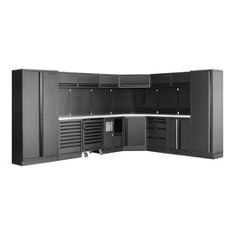 Kraftwerk 8-Element-Schrankwand mit Vierkantlochwand L&auml;nge 3819 mm 2824 mm Inox Arbeitsplatte (3964E-BLK-IX)