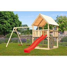 Karibu Spielturm 'Ida' naturbelassen mit Doppelschaukel, Rutsche rot 440 x 394 x 345 cm
