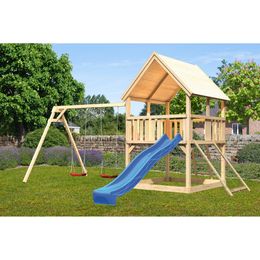 Karibu Spielturm 'Ida' naturbelassen mit Doppelschaukel, Rutsche blau 440 x 394 x 345 cm