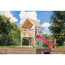 Karibu Spielturm 'Ida' naturbelassen mit Kletterwand, Rutsche rot 200 x 394 x 345 cm