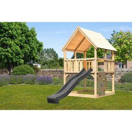 Karibu Spielturm 'Ida' naturbelassen mit Rutsche anthrazit, Kletterwand 200 x 394 x 345 cm