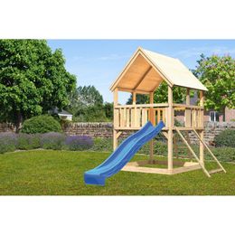Karibu Spielturm 'Ida' naturbelassen mit Netzrampe, Rutsche blau 200 x 394 x 345 cm