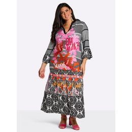 sheego loves miss goodlife Damen Volantkleid im Mustermix, schwarz-pink-bedruckt, Gr&ouml;&szlig;e 42