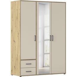 Dreht&uuml;renschrank Rauch "Kleiderschrank Schrank Garderobe W&auml;scheschrank VOYAGER", beige (champagner), eiche artisan, B:140cm H:194cm T:53cm, Holzwerkstoff, Schr&auml;nke, Dreht&uuml;renschrank, mit modernen Griffen in Graumetallic, inkl. Schubk&auml;sten und Spiegel