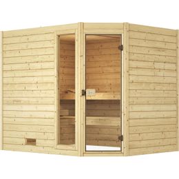 Weka Sauna "Massivholzsauna VALIDA Eck 3", Bio-Ofen, externe Steuerung, 7,5 kW, beige, Saunen, Blockbohlen, Fensterlement, moderne Ganzglast&uuml;r