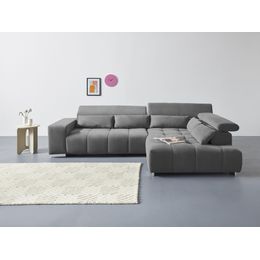 Ecksofa COTTA, B:310cm H:70cm T:225cm, grau, 100% Polyester, Wohnzimmer, Sofas, "Orion L-Form", mit Kopfteilverstellung & 5 Nierenkissen