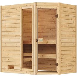 Weka Sauna "Massivholzsauna VALIDA Eck 1", Saunaofen, externe Steuerung, 4,5 kW, beige, Saunen, Blockbohlen, Fensterelement, moderne Glast&uuml;r