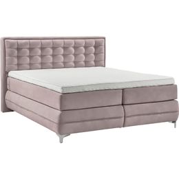 Boxspringbett Musterring, B:177cm L:214cm, lila, Komplettbetten, "Dubai", Winkelfu&szlig; in Chrom, 3 H&auml;rtegrade, Kopfteil in Kassettensteppung