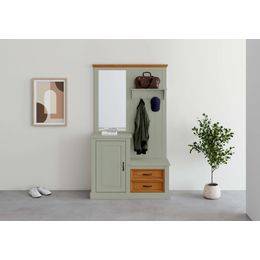 Kompaktgarderobe OTTO HOME, B:110cm H:185cm T:40cm, gr&uuml;n, Massivholz, Schr&auml;nke, "Selma Garderobe inkl. Kommode, 2 Schubk&auml;sten, Spiegel",