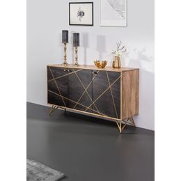 Sideboard GUTMANN FACTORY, B:145cm H:80cm T:42cm, schwarz, Wohnzimmer, Sideboards, "Lennon", Kommode mit Echtsteinfurnier und Messingapplikationen