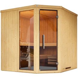 Weka Sauna "Element-Ecksauna VARBERG 3", Saunaofen, integrierte Steuerung, 9 kW, beige, Saunen, vorgefertigte Elemente, moderne Ganzglast&uuml;r, bodenl.