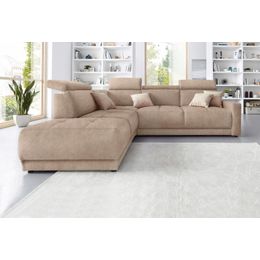 Ecksofa DOMO collection, B:266cm H:84cm T:99cm, beige, Kunstleder SOFTLUX;Struktur fein (100% Polyester);Zierkissen: Microfaser PRIMABELLE (100%
