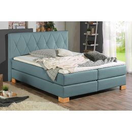 Boxspringbett Home Affaire, B:208cm L:211cm, blau, Struktur fein (100% Polyester), Komplettbetten, "Merino", incl. Kaltschaumtopper, 5, Breiten, 2