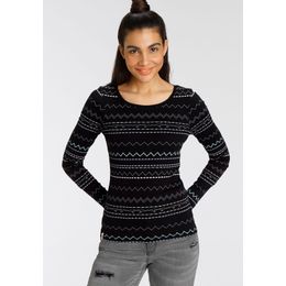 Kangaroos Damen Langarmshirt, schwarz, Gr. 52, bedruckt, gemustert, Rippware, Obermaterial: 100% Baumwolle, Shirts, sehr figurbetonte Passform, mit