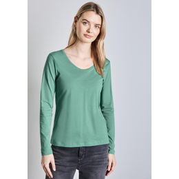 Street One Damen Langarmshirt, gr&uuml;n, Gr. 34, unifarben, Web, 100% Baumwolle, Shirts, mit abgerundetem V-Ausschnitt