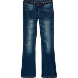 bonprix Damen Schlagjeans, blau, Gr. 38, Abriebeffekte, Destroyed-Effekte, Denim/Jeans, Obermaterial: 82% Baumwolle, 17% Polyester, 1% Elasthan,