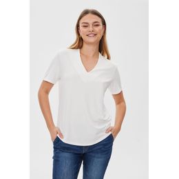 Freequent Damen Kurzarmbluse "FQYR", wei&szlig;, Gr. L, unifarben, Web, Obermaterial: 60% Modal, 40% Polyester, Blusen, elastisch, mit V-Ausschnitt