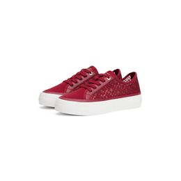 Tommy Hilfiger Damen Plateausneaker "VULC EMBROIDERED SNEAKER", Gr. 35, rot, Lederimitat, Textil, Schuhe, Freizeitschuh, Halbschuh, Schn&uuml;rer mit