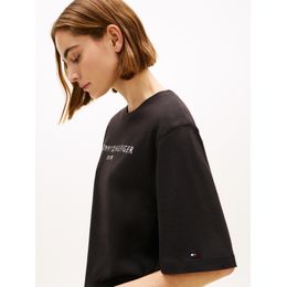 Tommy Hilfiger Damen Langarmshirt "CORP LOGO TRAPEZE C-NK TEE"schwarz, Gr. L, unifarben, Single Jersey, Obermaterial: 100% Baumwolle, Shirts