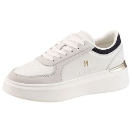 Tommy Hilfiger Damen Plateausneaker "TH SATIN PLATFORM SNEAKER", Gr. 37ecru, dunkelblau, Nappaleder, kontrastfarbene Details, Schuhe, Freizeitschuh,