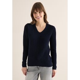 Strickpullover Cecil, Damen, Gr. L (42), universal blau, Web, 75% Baumwolle, 25% Polyester, unifarben, normal normal, V-Ausschnitt, normaler Saum, Pullover Strickpullover, mit abgerundetem V-Ausschnitt
