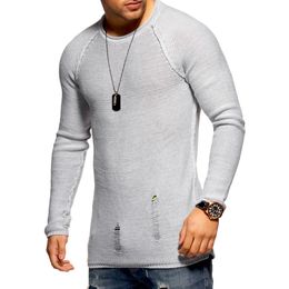 2Y Premium Herren Strickpullover "JOSCHUA", grau, Gr. S, unifarben, 50% Baumwolle, 50% Polyacryl, Pullover, mit Destroyed-Elementen