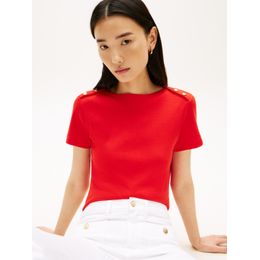 Tommy Hilfiger Damen Kurzarmshirt "GOLD BUTTON SLIM SS TEE"fireworks, Gr. XS, unifarben, Single Jersey, Obermaterial: 100% Baumwolle, Shirts