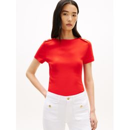 Tommy Hilfiger Damen Kurzarmshirt "GOLD BUTTON SLIM SS TEE"fireworks, Gr. S, unifarben, Single Jersey, Obermaterial: 100% Baumwolle, Shirts