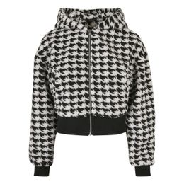 Langmantel Urban Classics "Urban Classics Damen Ladies Short Oversized AOP Sherpa Jacket", Damen, Gr. XS, schwarzhoundstooth, 100% Polyester, M&auml;ntel